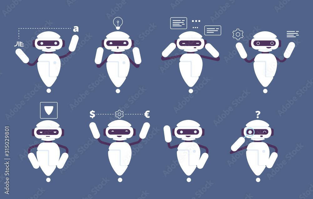 Chatbot robot. Online mascot cute character walking standing talking ...