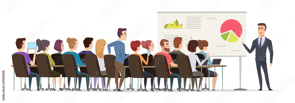 Business lecture. Managers sitting in conference hall and listen speech ...