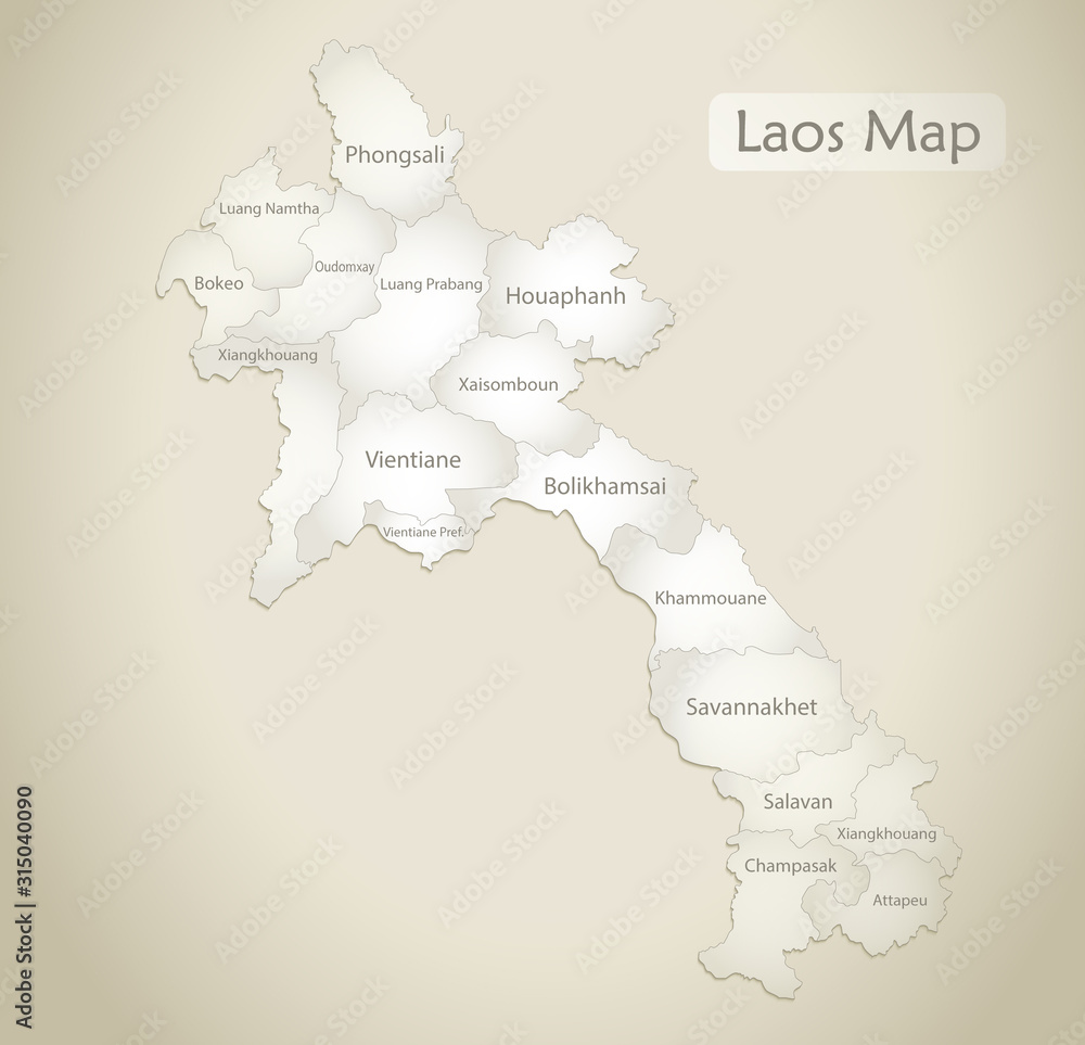 Laos map, administrative division with names, old paper background ...