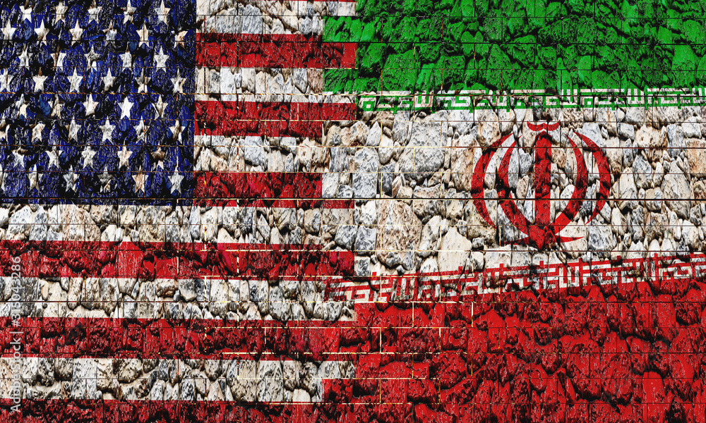 USA vs. Iran conflict with the texture of flags on a brick in 3D ...