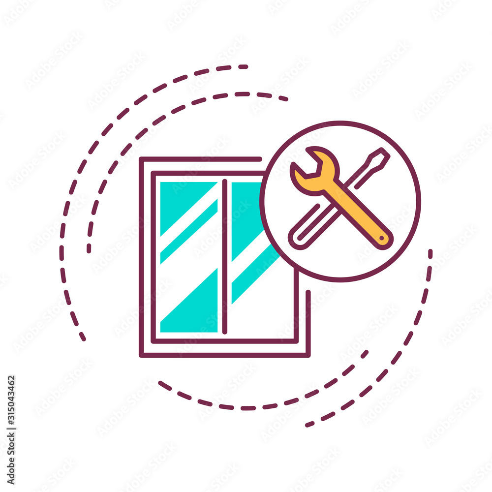 Window installation color line icon. Setting the window and window's ...