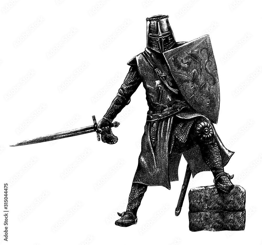 Medieval knight attack isolated illustration. Battle with Johanniter knight. Medieval ...