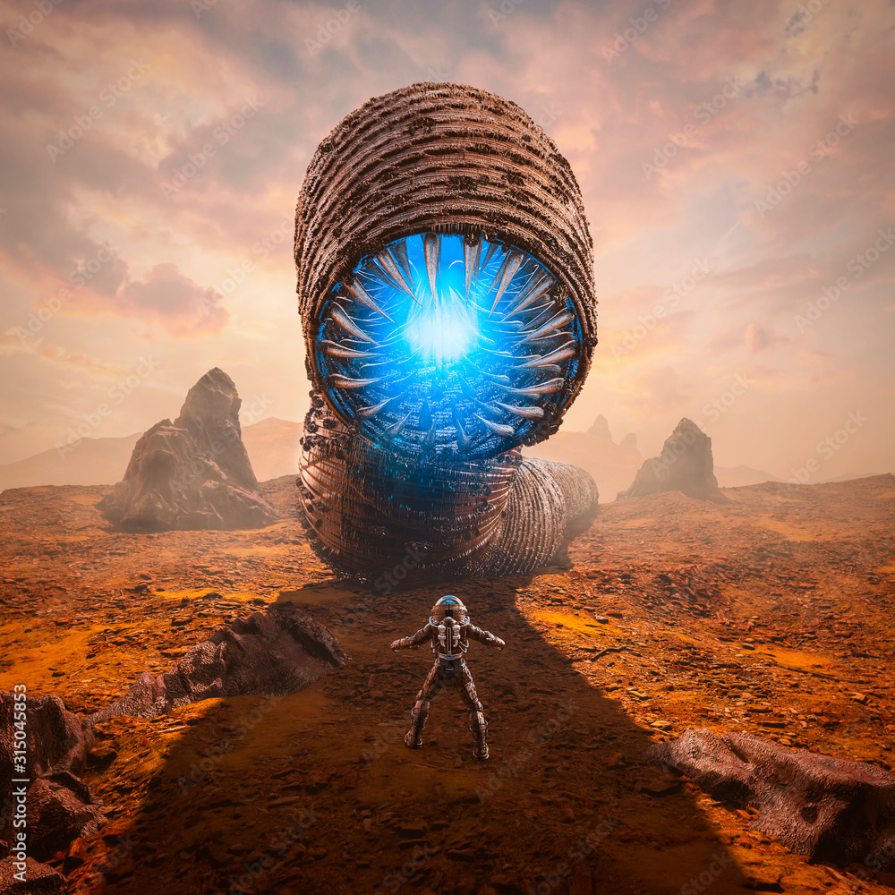 Guardian of the sands / 3D illustration of science fiction scene showing astronaut encountering ...