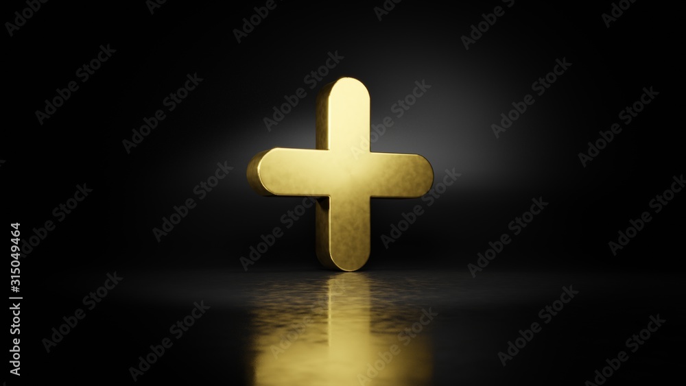 gold metal plus symbol 3D rendering with blurry reflection on floor ...