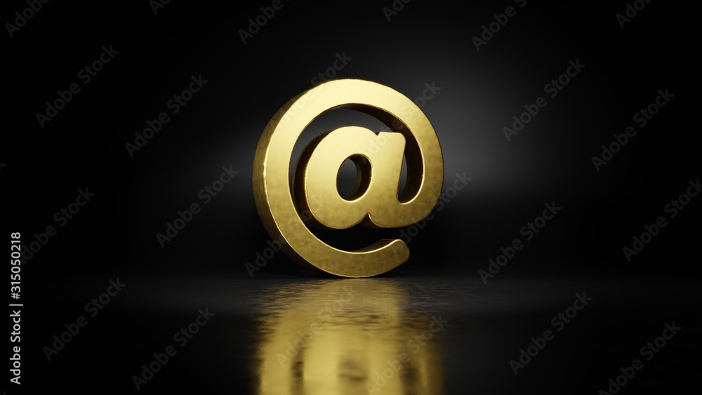 gold metal symbol of at sign 3D rendering with blurry reflection on ...