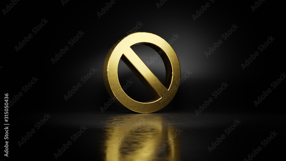 gold metal symbol of ban 3D rendering with blurry reflection on floor ...