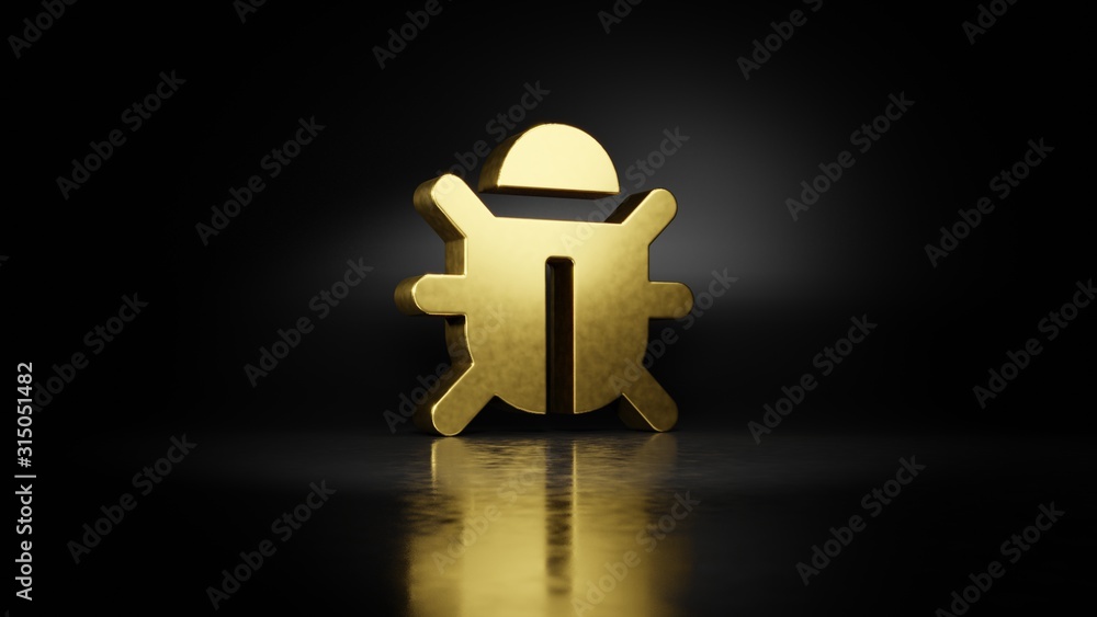 gold metal symbol of bug 3D rendering with blurry reflection on floor ...