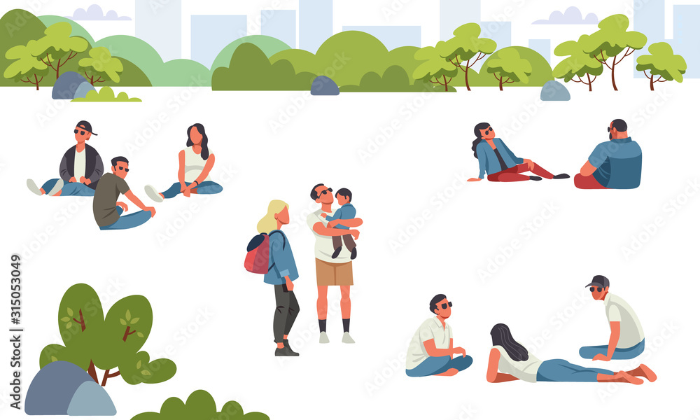 Various people at park performing leisure outdoor activities isolated ...