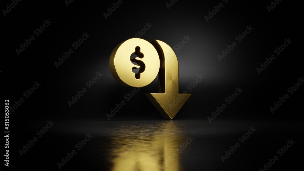 gold metal symbol of devaluation 3D rendering with blurry reflection on ...