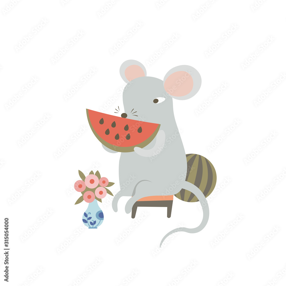 Cute mouse eating watermelon. Funny cartoon rat holding watermelon ...