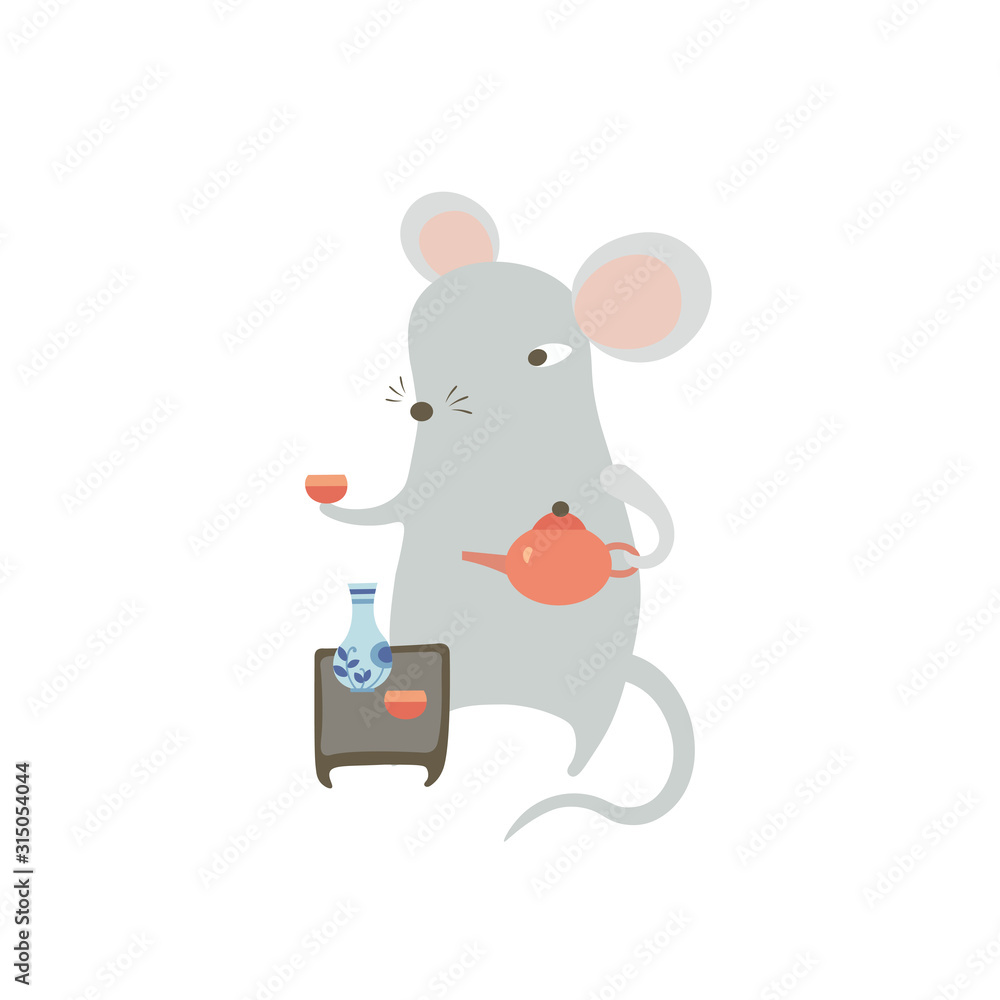 Cute mouse serving table for Chinese tea ceremony. Cartoon rat drinking ...