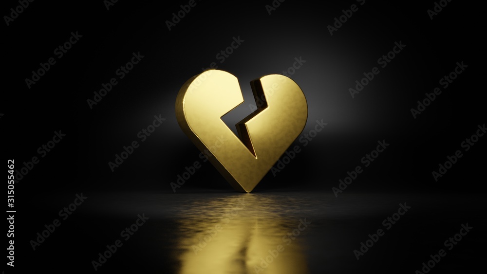 gold metal symbol of heart broken 3D rendering with blurry reflection ...