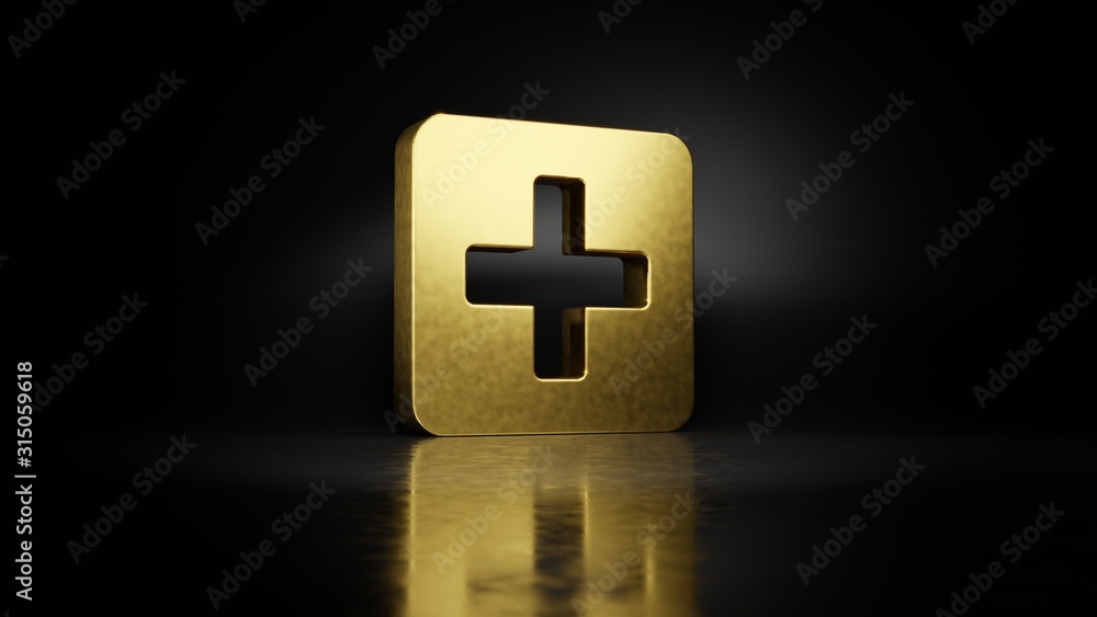 gold metal symbol of plus square 3D rendering with blurry reflection on ...