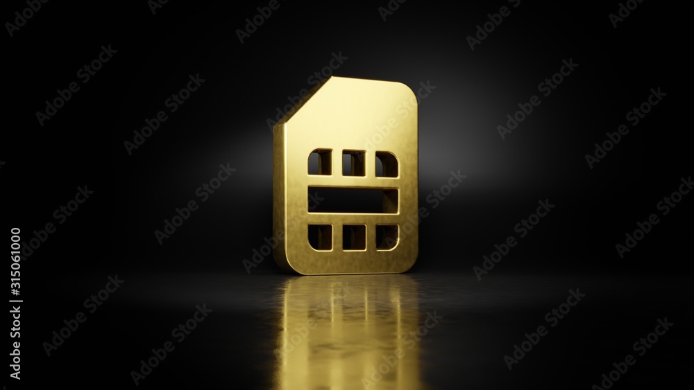 gold metal symbol of sim card 3D rendering with blurry reflection on ...