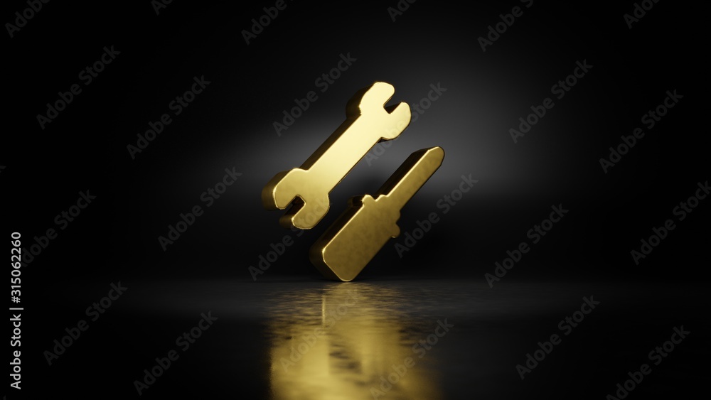 gold metal symbol of tools 3D rendering with blurry reflection on floor ...