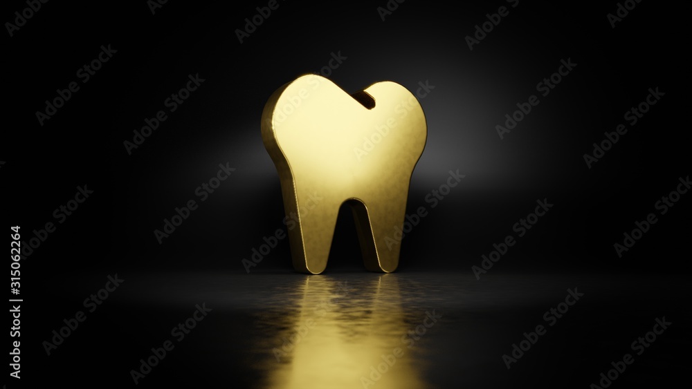 gold metal symbol of tooth 3D rendering with blurry reflection on floor ...