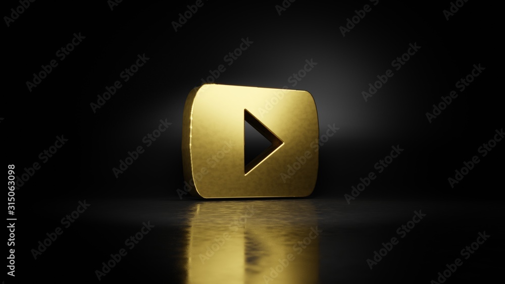 gold metal symbol of YouTube logo 3D rendering with blurry reflection ...