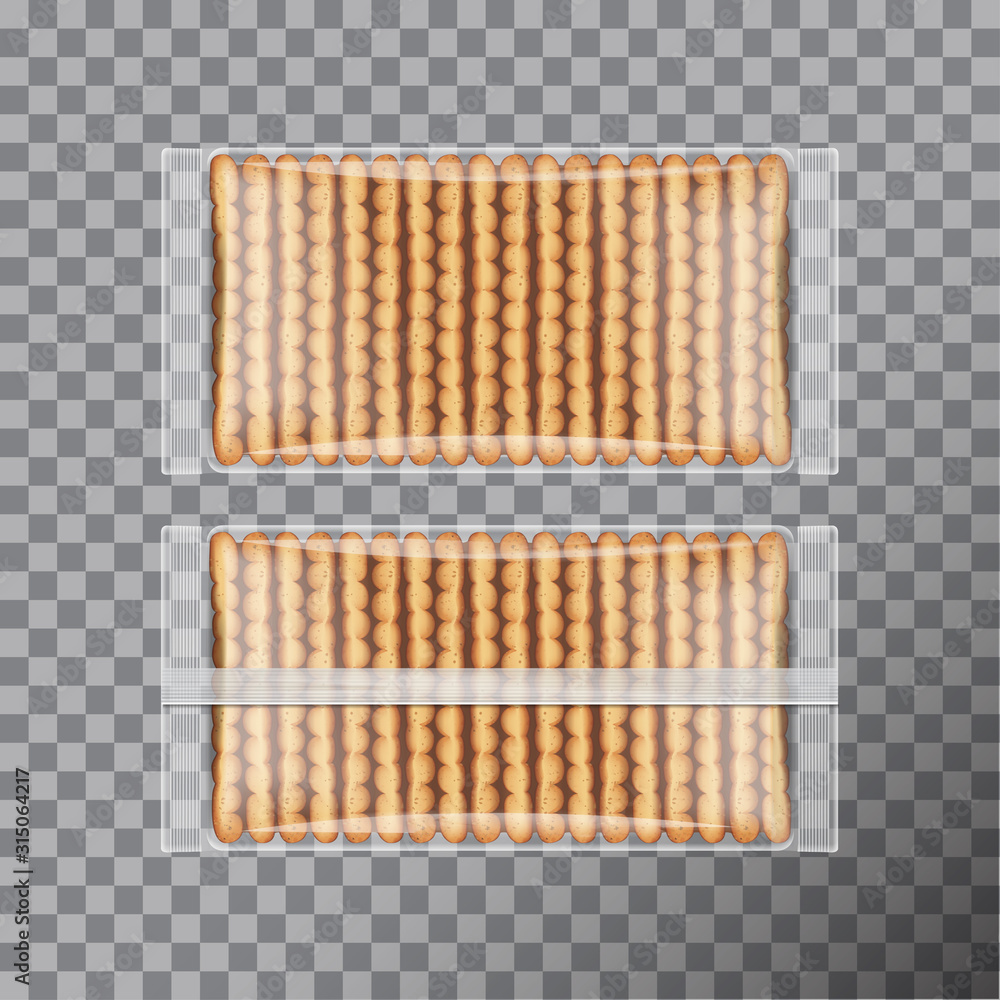 Biscuits pack, wrapped in transparent plastic. Packaging for cookies ...