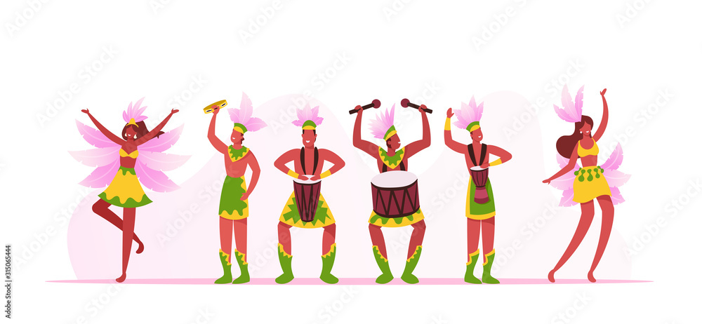 Rio Carnival Musicians Band and Girls Dancers Isolated on White ...