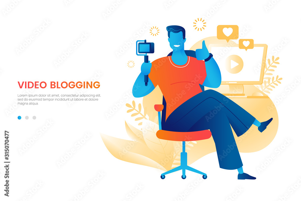 Video blogger vector illustration. Man shoots himself on a video camera ...