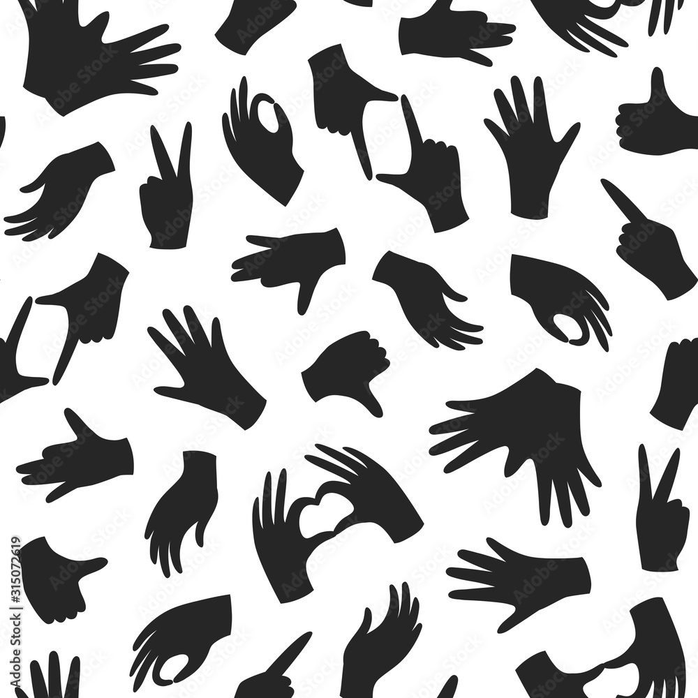 Seamless monochrome pattern with hand gesture. Human hand, palm black ...