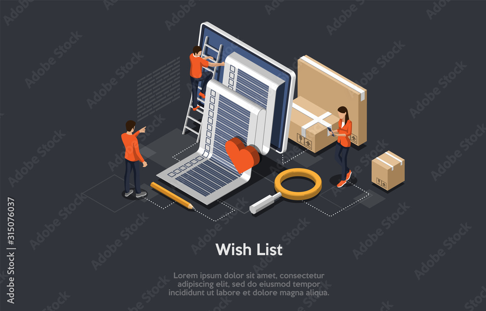 Isometric Wish List concept. Tiny People Characters Prepare The Wish ...