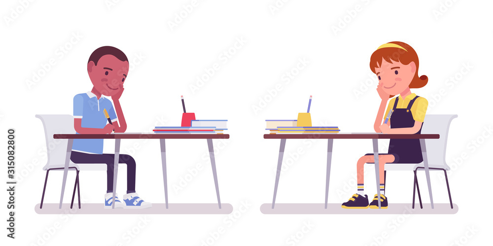 Cartoon Students Working At A Desk