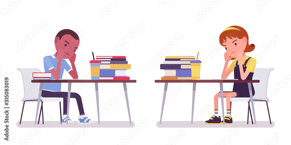 Sad Teenage Girl Doing Homework Cartoon