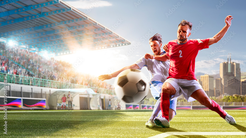 Soccer players in action on the day grand stadium background panorama ...