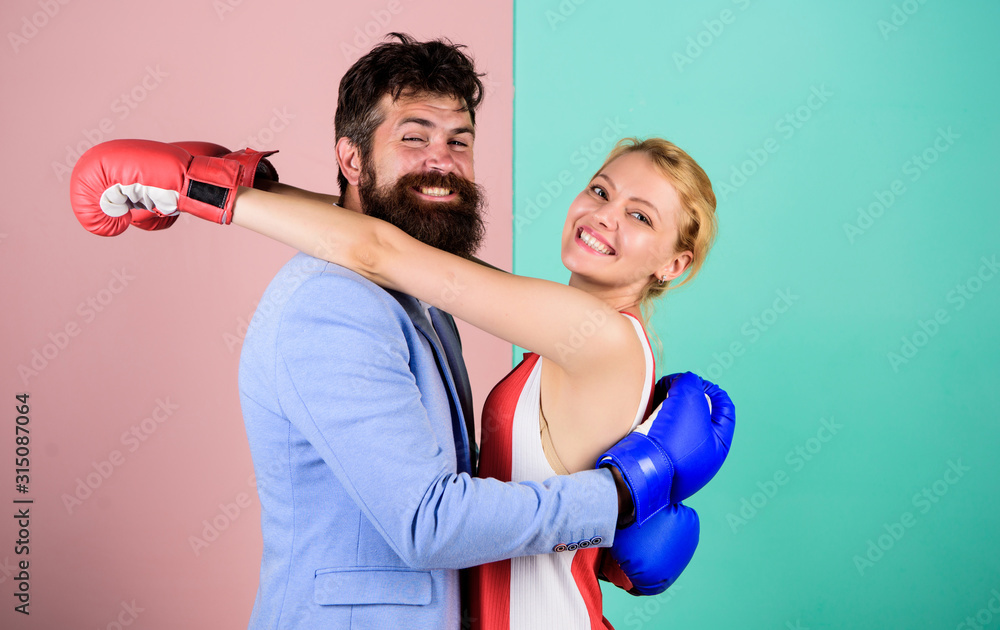 Difficult relationships. Couple in love competing boxing. Conflict ...