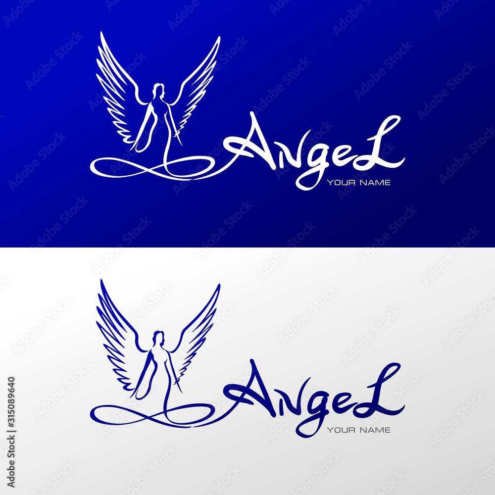 Linear sign - logo of a linear angel with wings on a white and blue ...