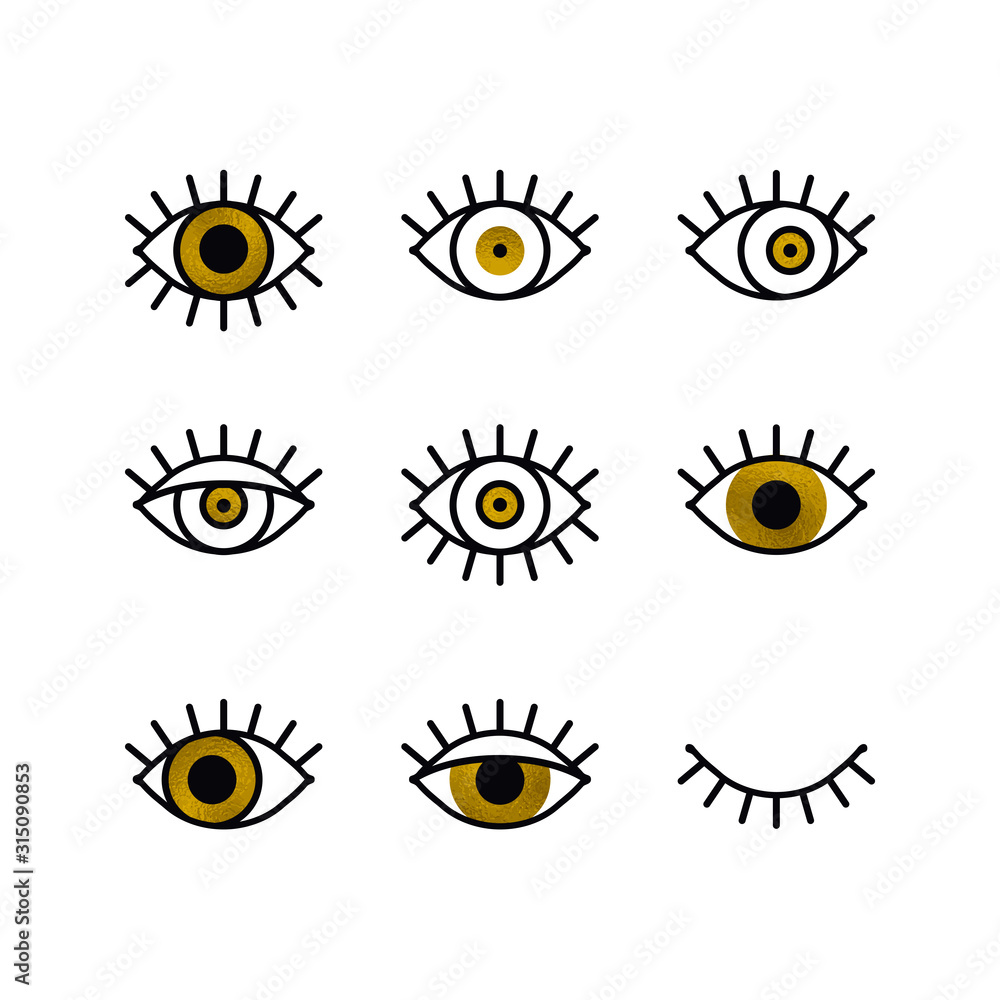 Golden open and closed eyes line icons set. Look, see, sight, view sign ...