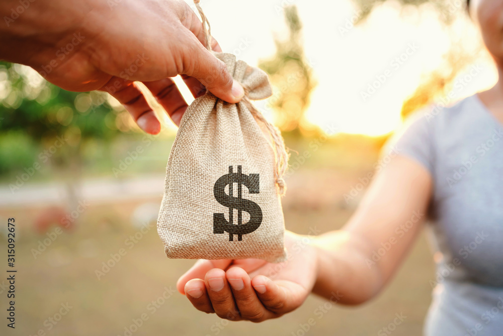 concept finance accounting. hand giving money bag for woman Stock Photo ...