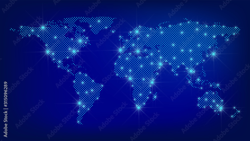 World map. Dotted map. Dots World map with spotlights on dark blue ...