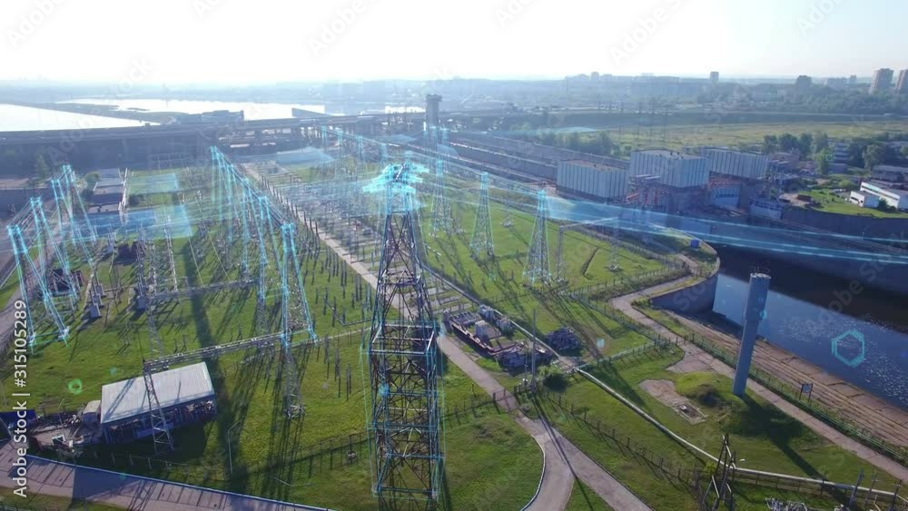 An aerial circular orbit view, high voltage electric power tower with ...