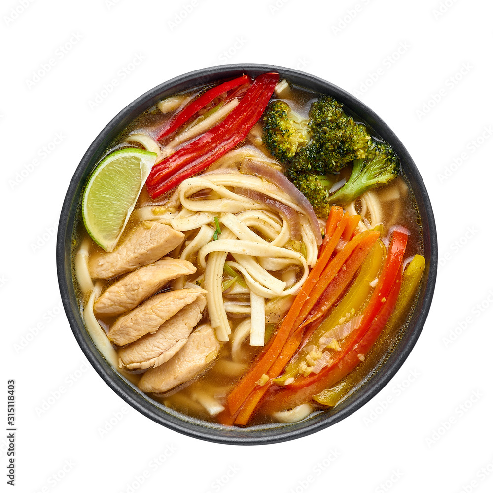 Chicken Thukpa in black bowl isolated at white background. Chicken ...