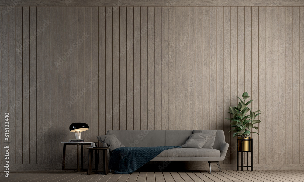 Minimal interior design of living room and wood wall pattern background ...