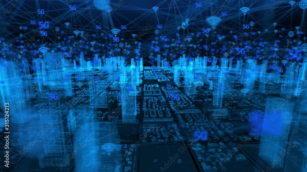 Camera moving around buildings. Wireless communication network concept ...