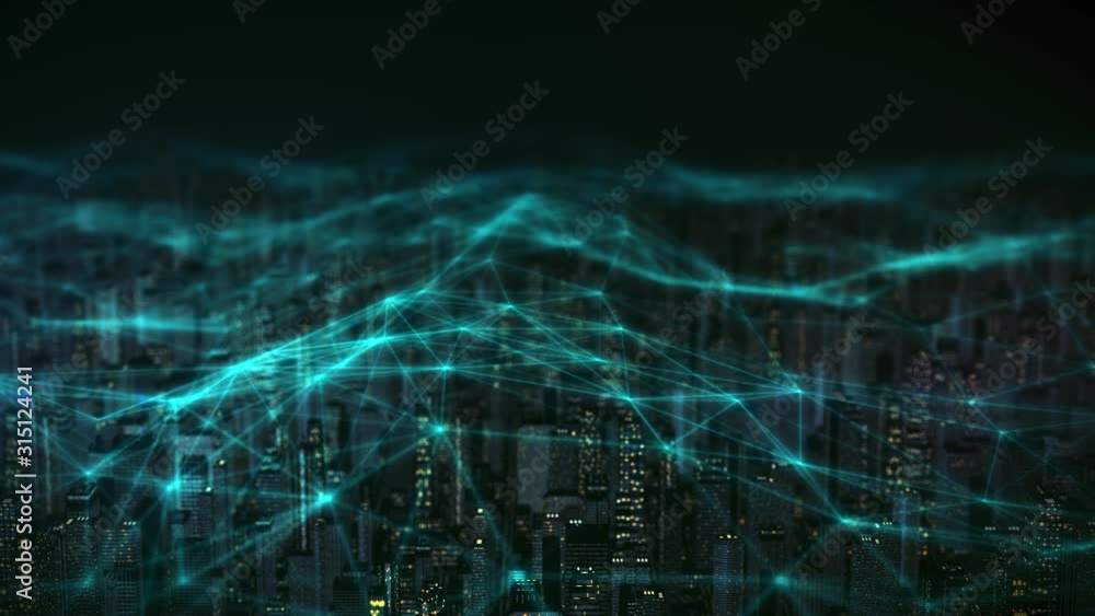Connected smart city skyline. Digital city aerial view with motion ...