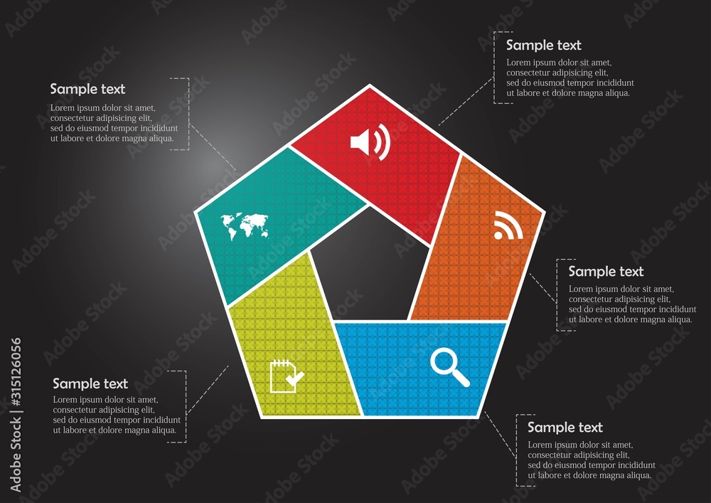 Infographic pentagon template with sections filled by patterns Stock ...