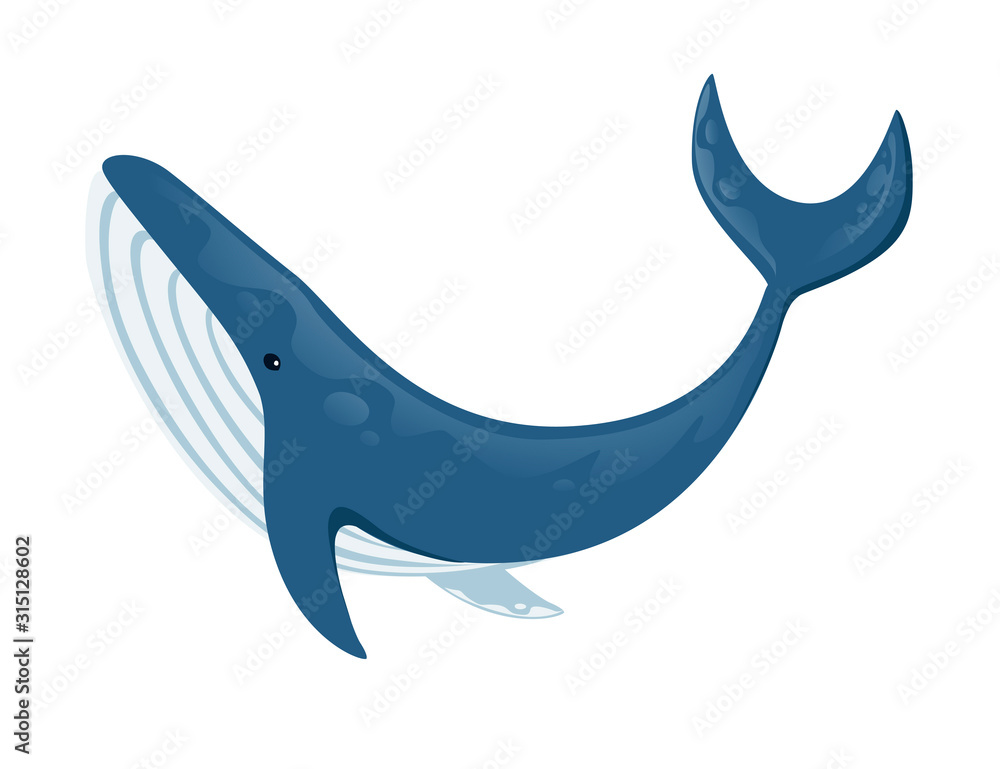 Big blue whale cartoon animal design biggest mammal on the earth flat ...