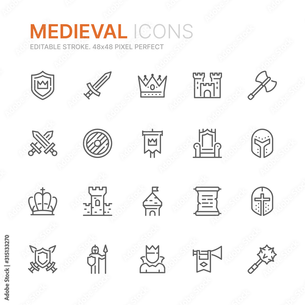 Collection of medieval related line icons. 48x48 Pixel Perfect ...