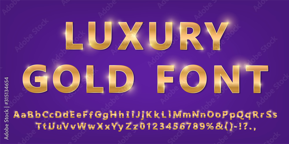 Shiny modern gold font isolated on violet ambient background. Vintage ...