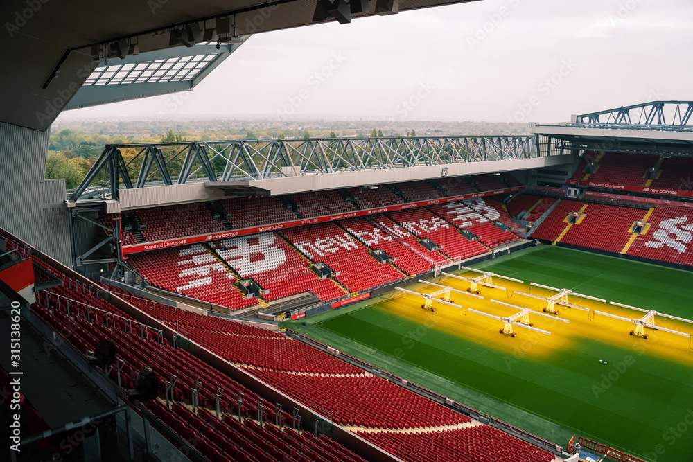 LIVERPOOL, UNITED KINGDOM - October 16, 2018: Seat rows in Anfield ...