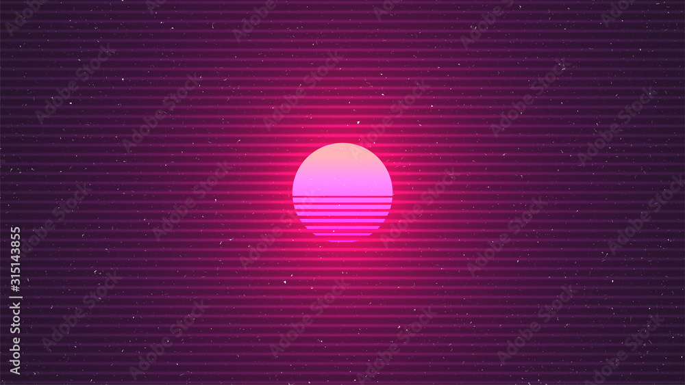 Synthwave Background. 80s style Sun on dark grain backdrop. Retro ...