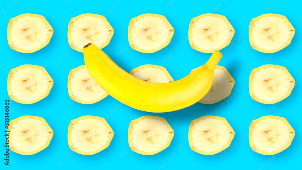 Animated movie with moving and rotating fruits. Photograph of a banana ...