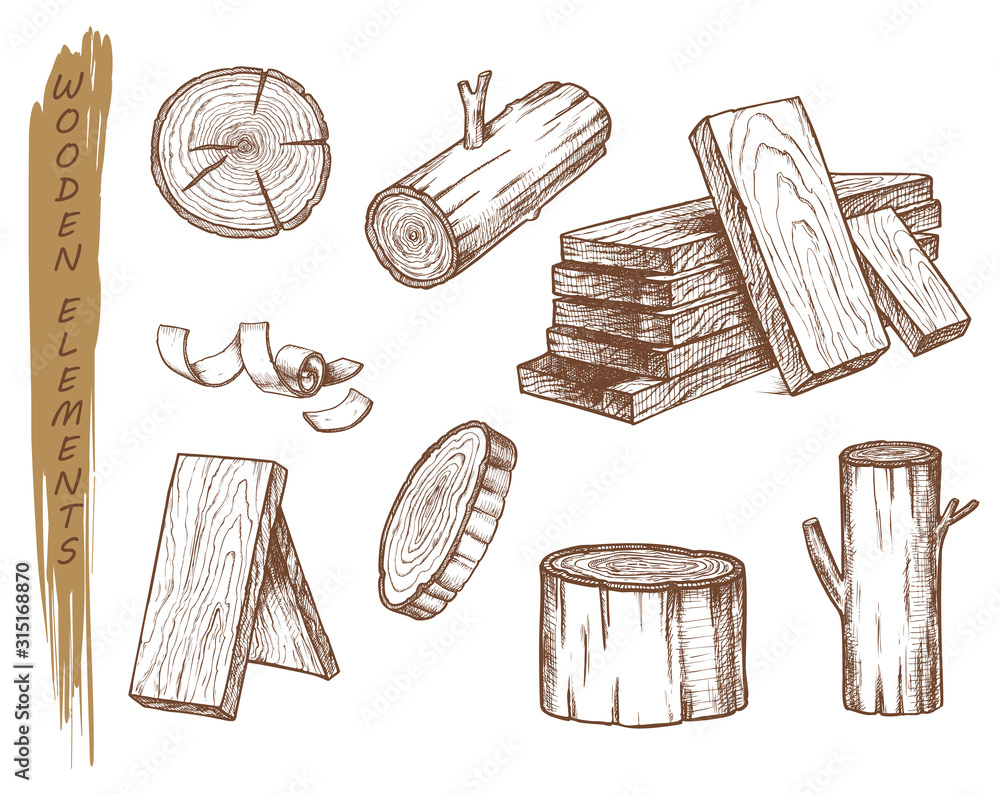 Isolated sketch of wooden elements, vintage lumber Stock Vector | Adobe ...