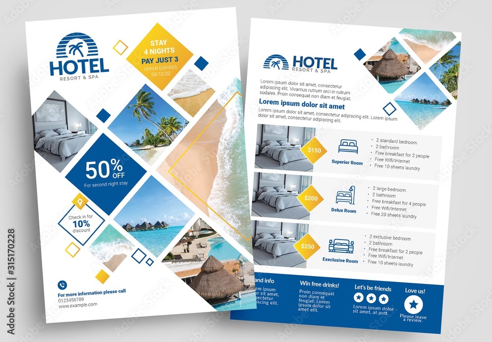 Flyer Layout with Geometric Elements and Hospitality Icons Stock ...