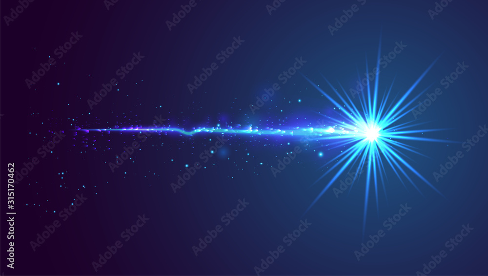 Blue light comet. Shining lights in motion with small particles. Stock ...