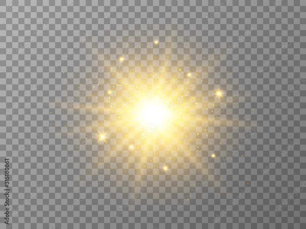 Gold glowing star with particles on transparent backdrop. Magic light ...